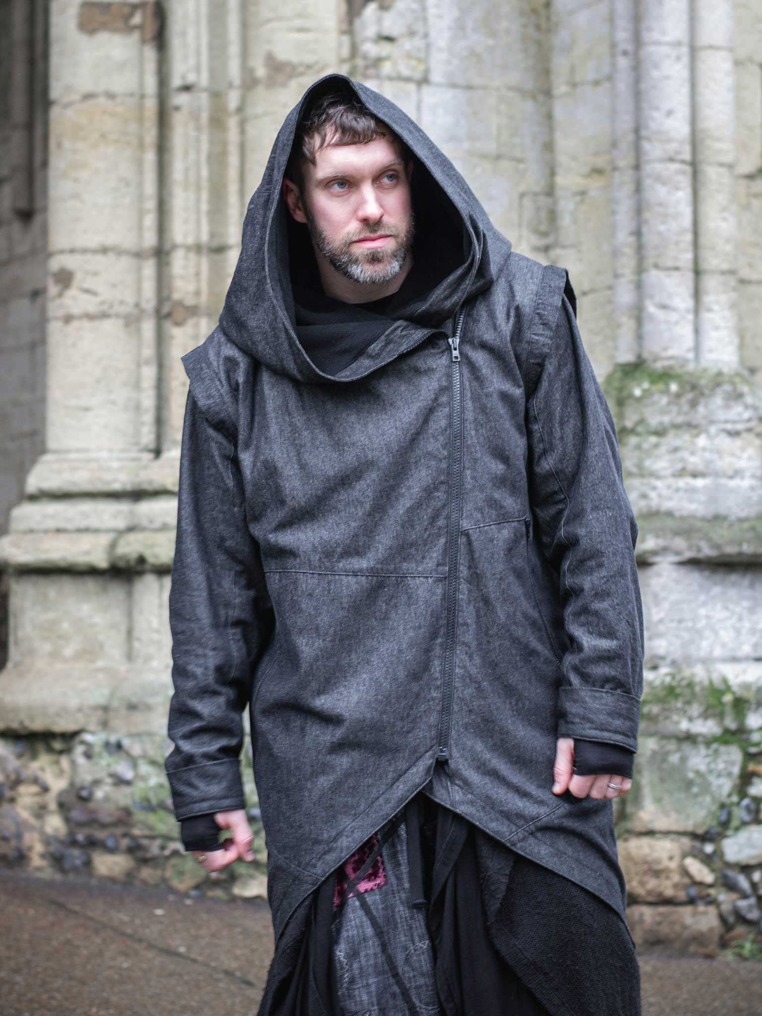 Arakion Men's Asymmetric Denim Jacket with Oversized Hood - Rags by Jak