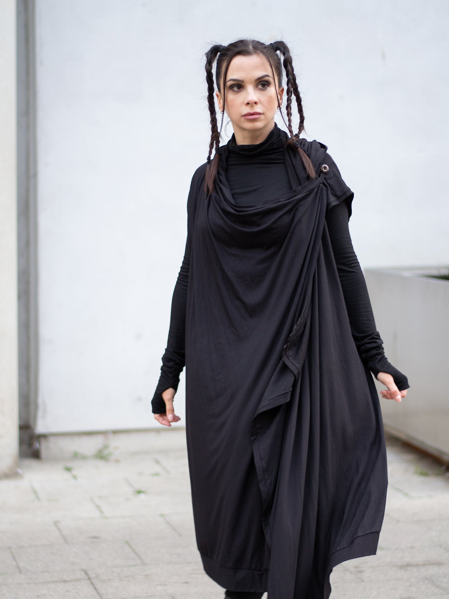 Medina Women's Avant Garde Draped Cloak with Hood in Black - Rags by Jak