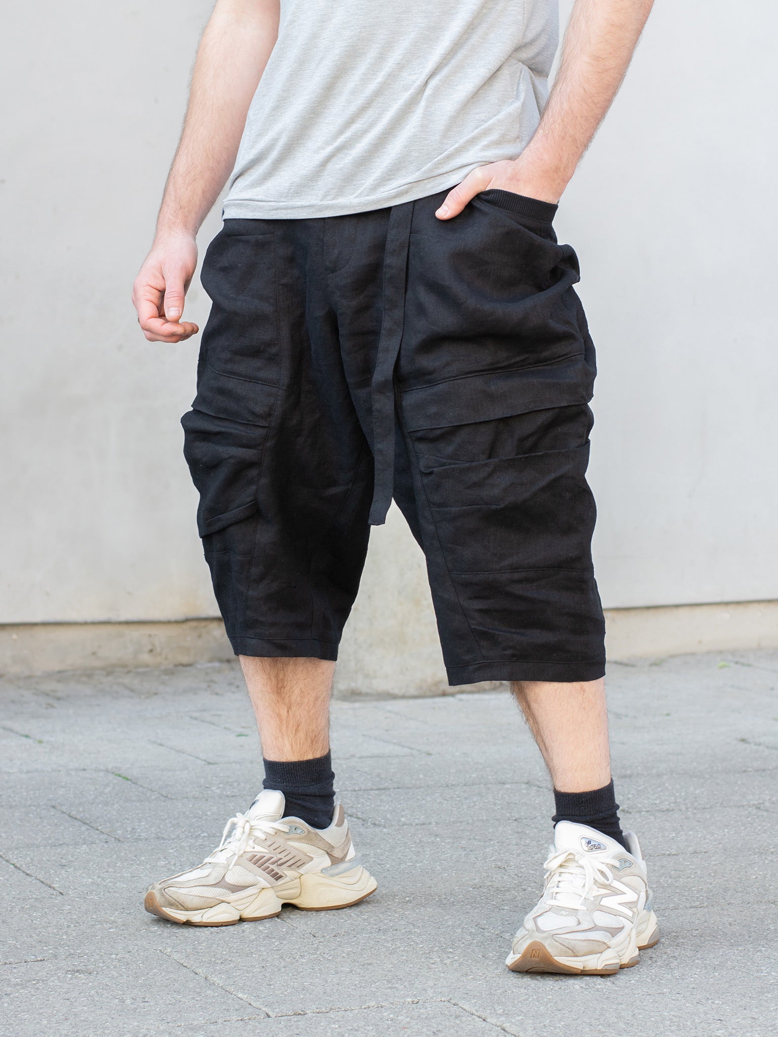 Rhidian Black Linen Drop Crotch Cargo Shorts for Men | Rags by Jak