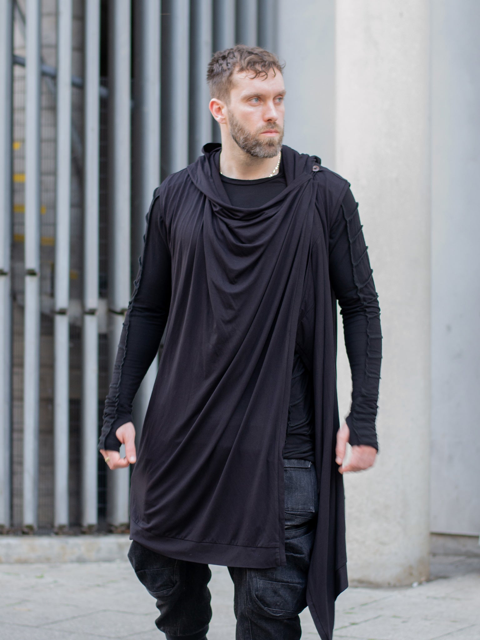 Shadow Men's Avant Garde Hooded Cloak in Black - Rags by Jak