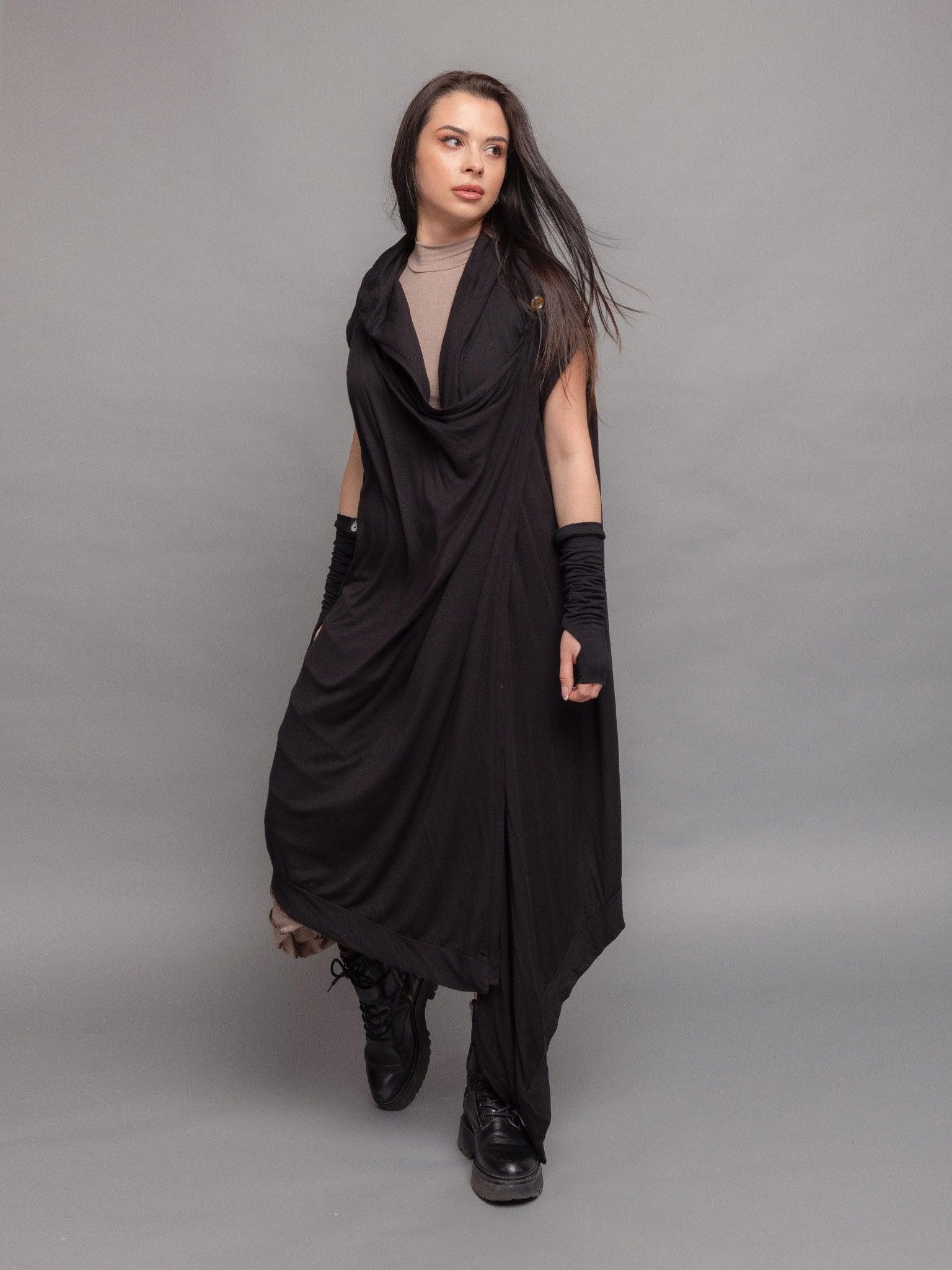 Medina Women's Avant Garde Draped Cloak with Hood in Black - Rags by Jak