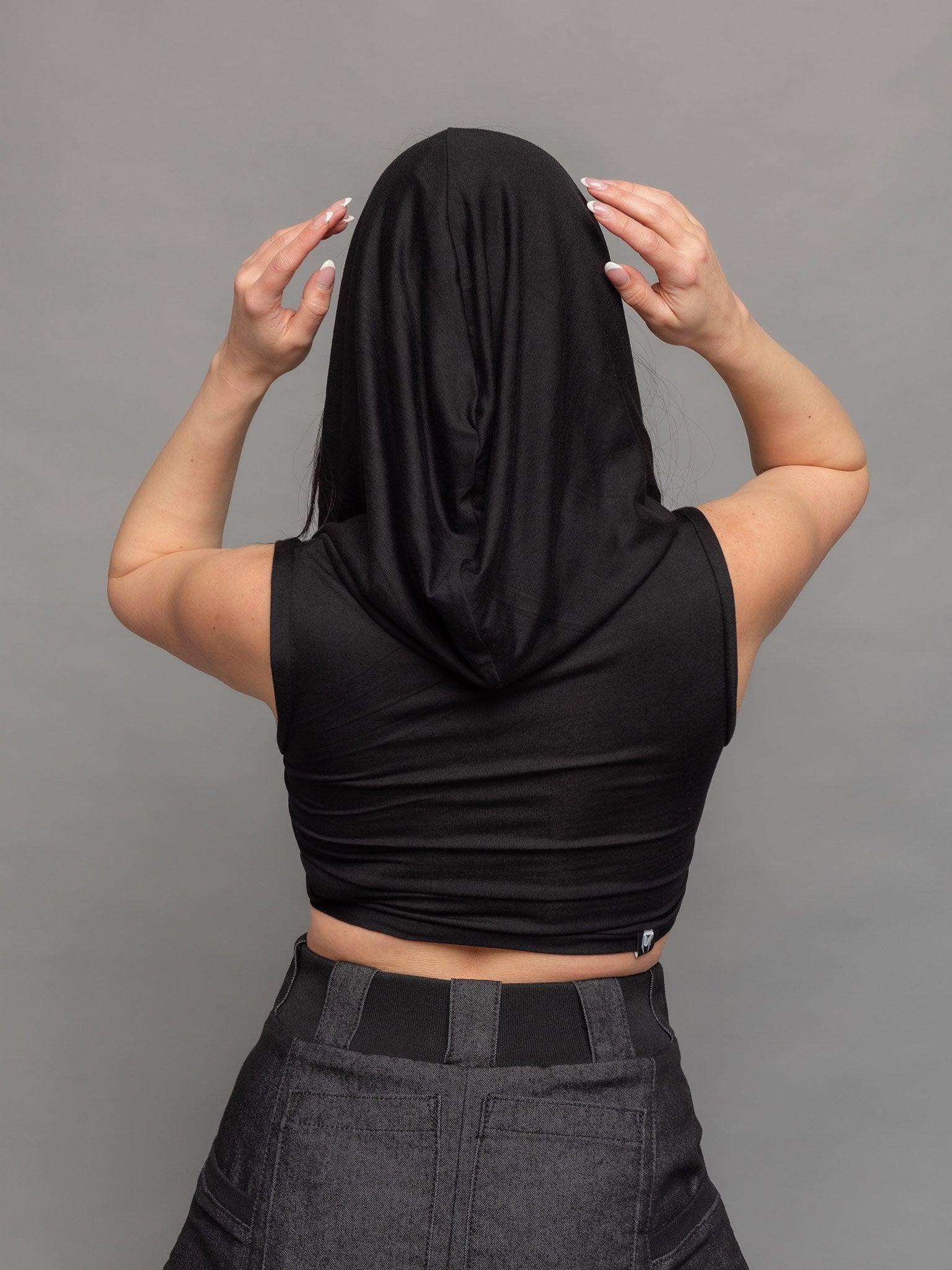 Yara Women's Avant Garde Hooded Crop Top in Black - Rags by Jak