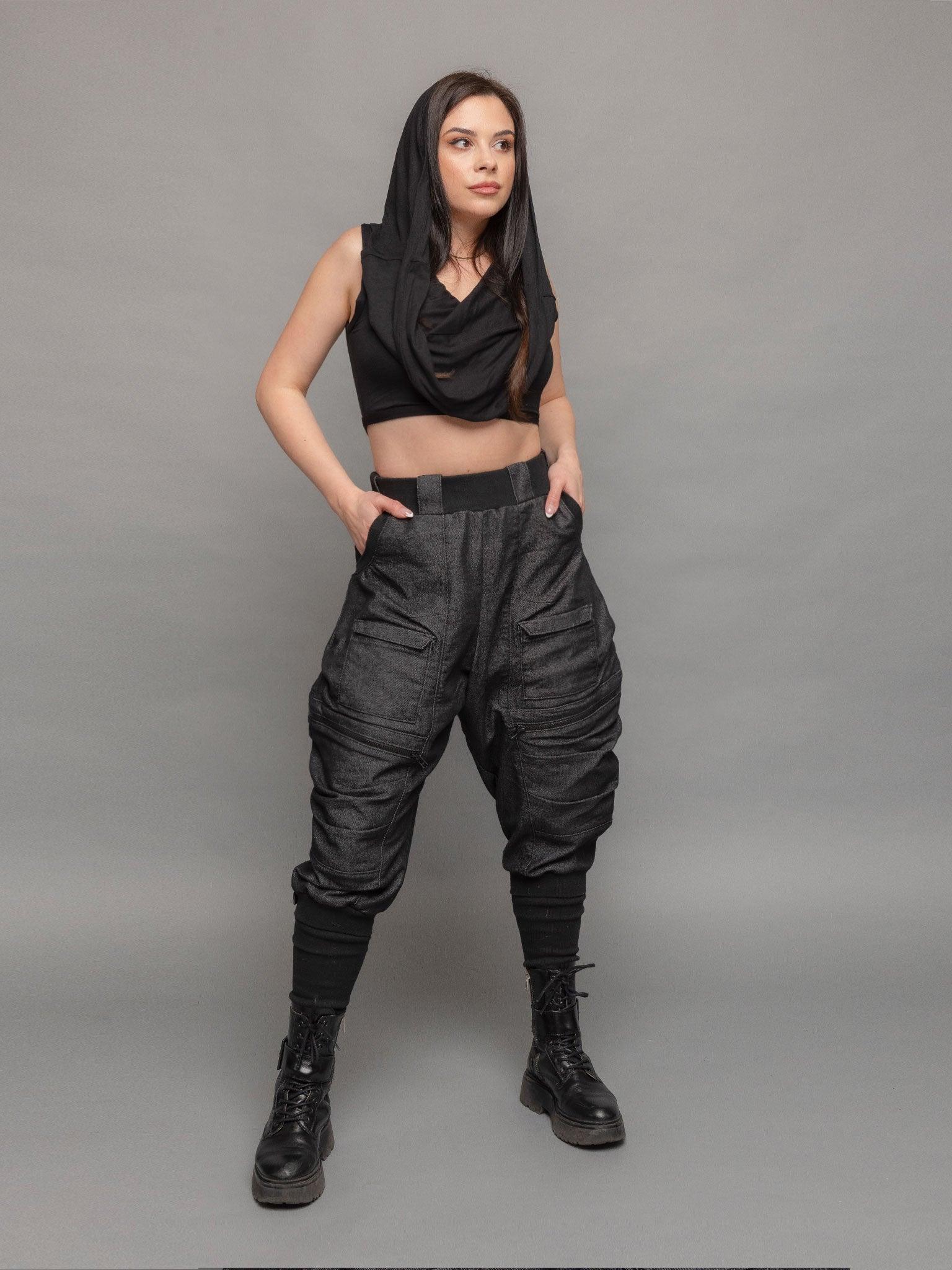 Yara Women's Avant Garde Hooded Crop Top in Black - Rags by Jak