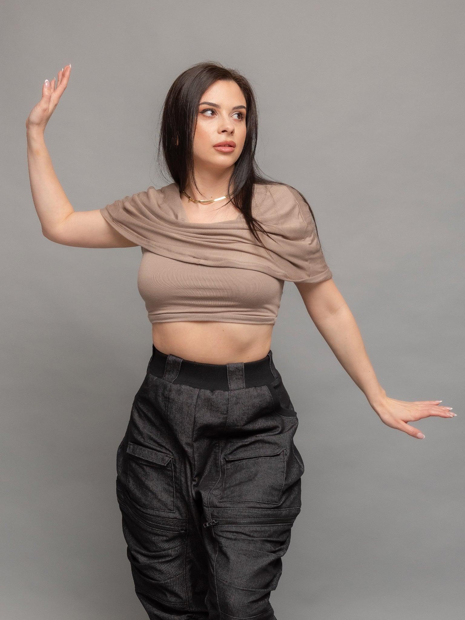 Yara Women's Avant Garde Hooded Crop Top in Taupe - Rags by Jak